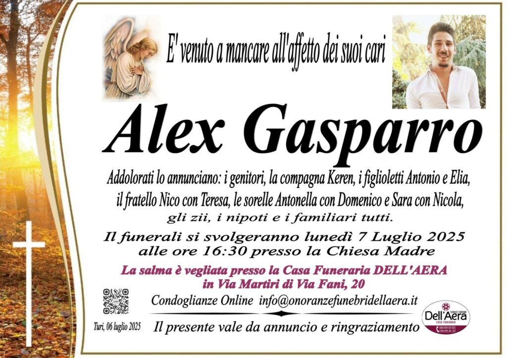 Turi in lutto, addio ad Alex Gasparro: lunedì i funerali nella Chiesa ...