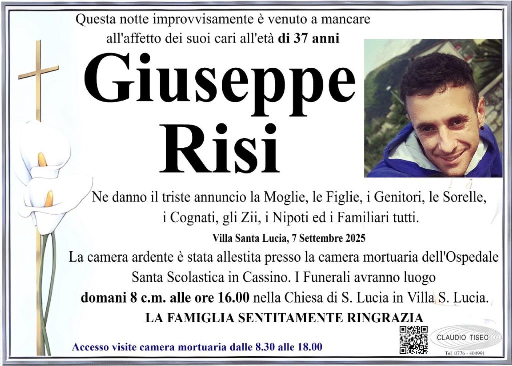 Giuseppe Risi funerali: Villa Santa Lucia piange la morte a 37 anni